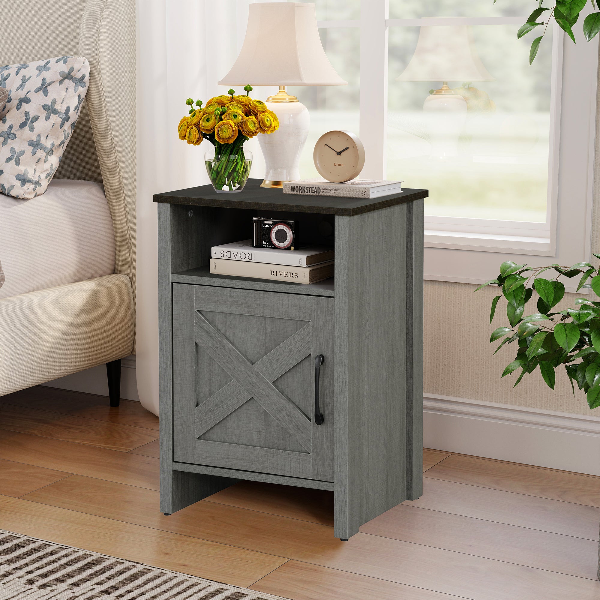 16 in. W Gray Rectangular Engineered Wood Side End Table with Integrat
