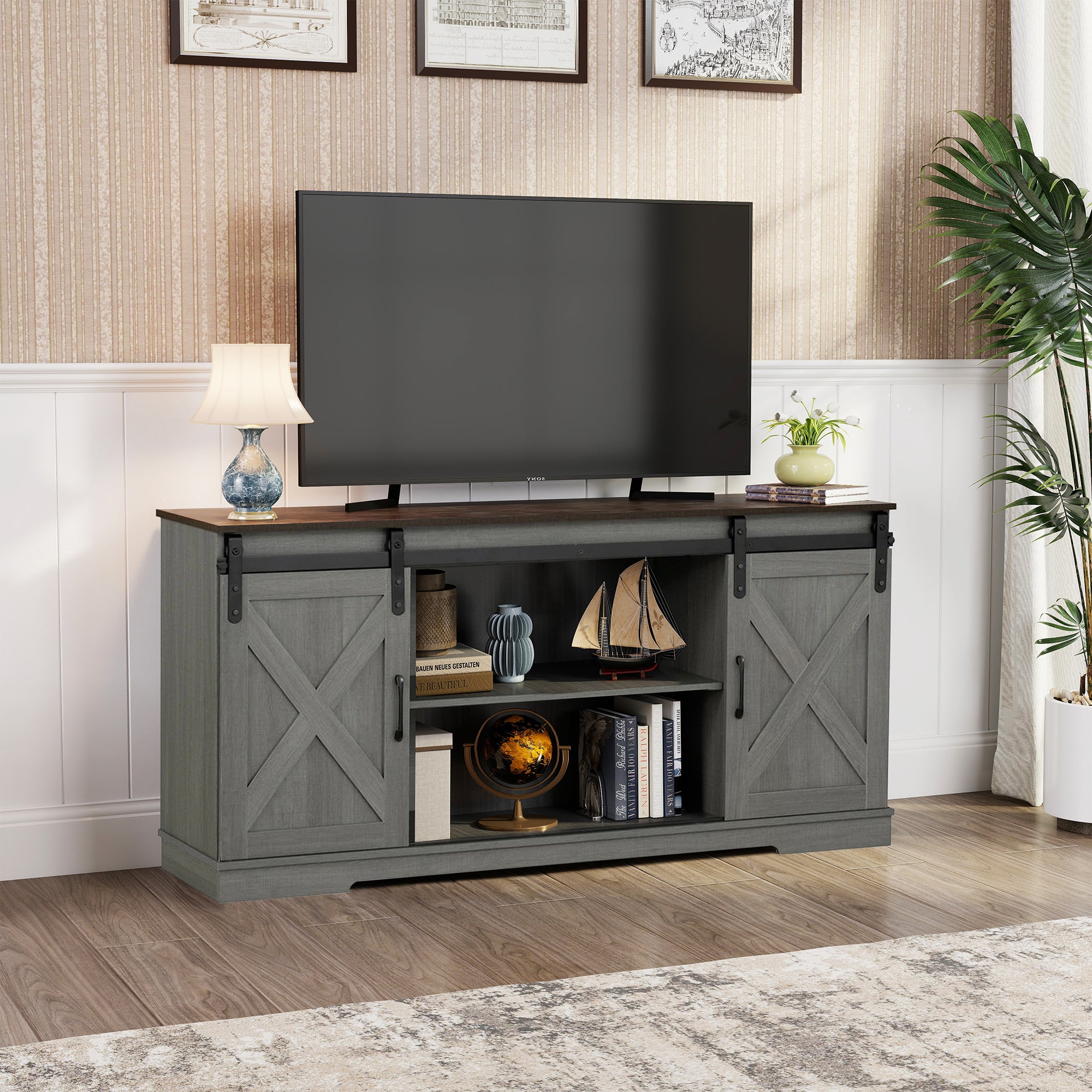 Gray TV Stand Fits TVs up to 65 in. with Metal Tracks