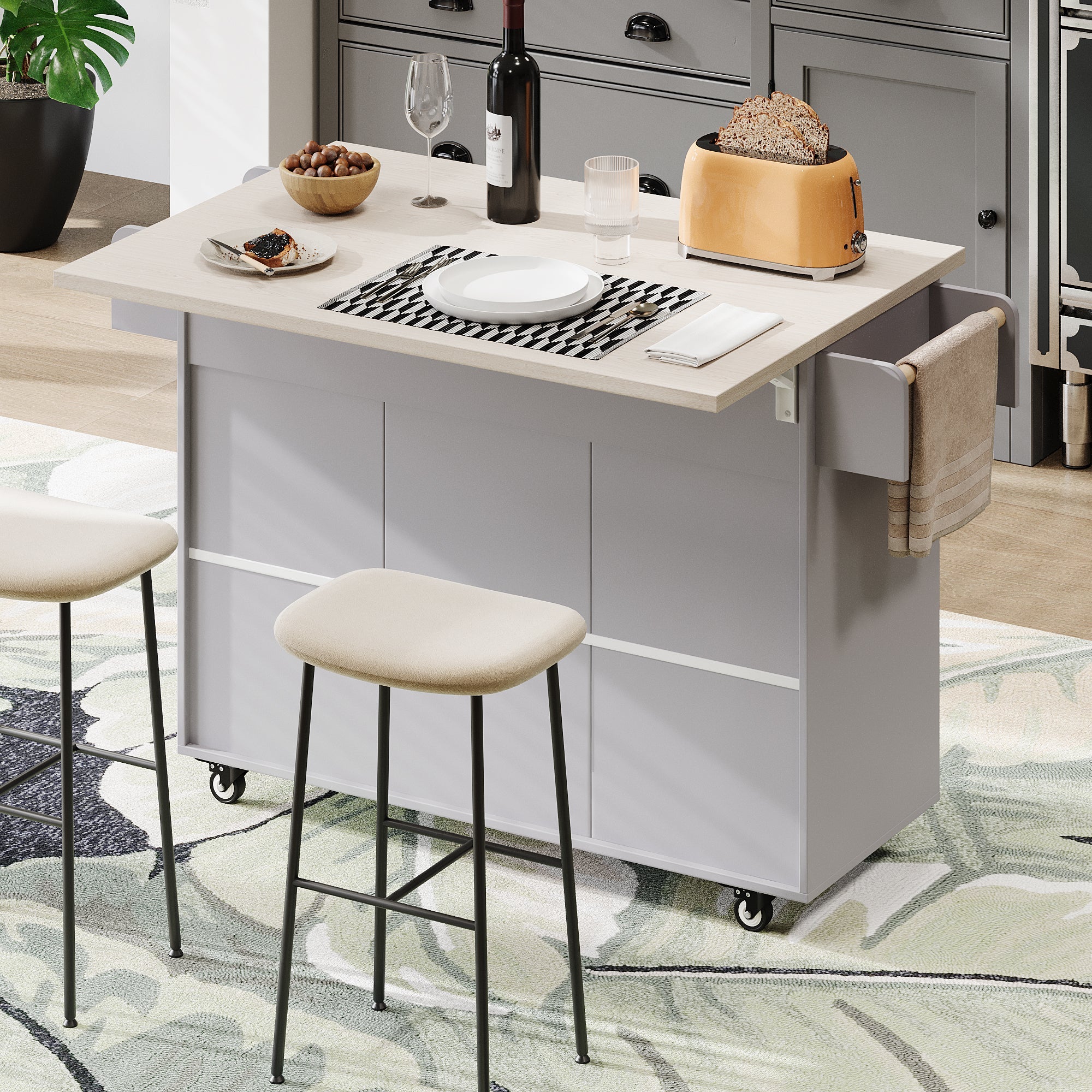 Mobile Kitchen Island Cart Foldable Top, Convertible to Fixed Cabinet